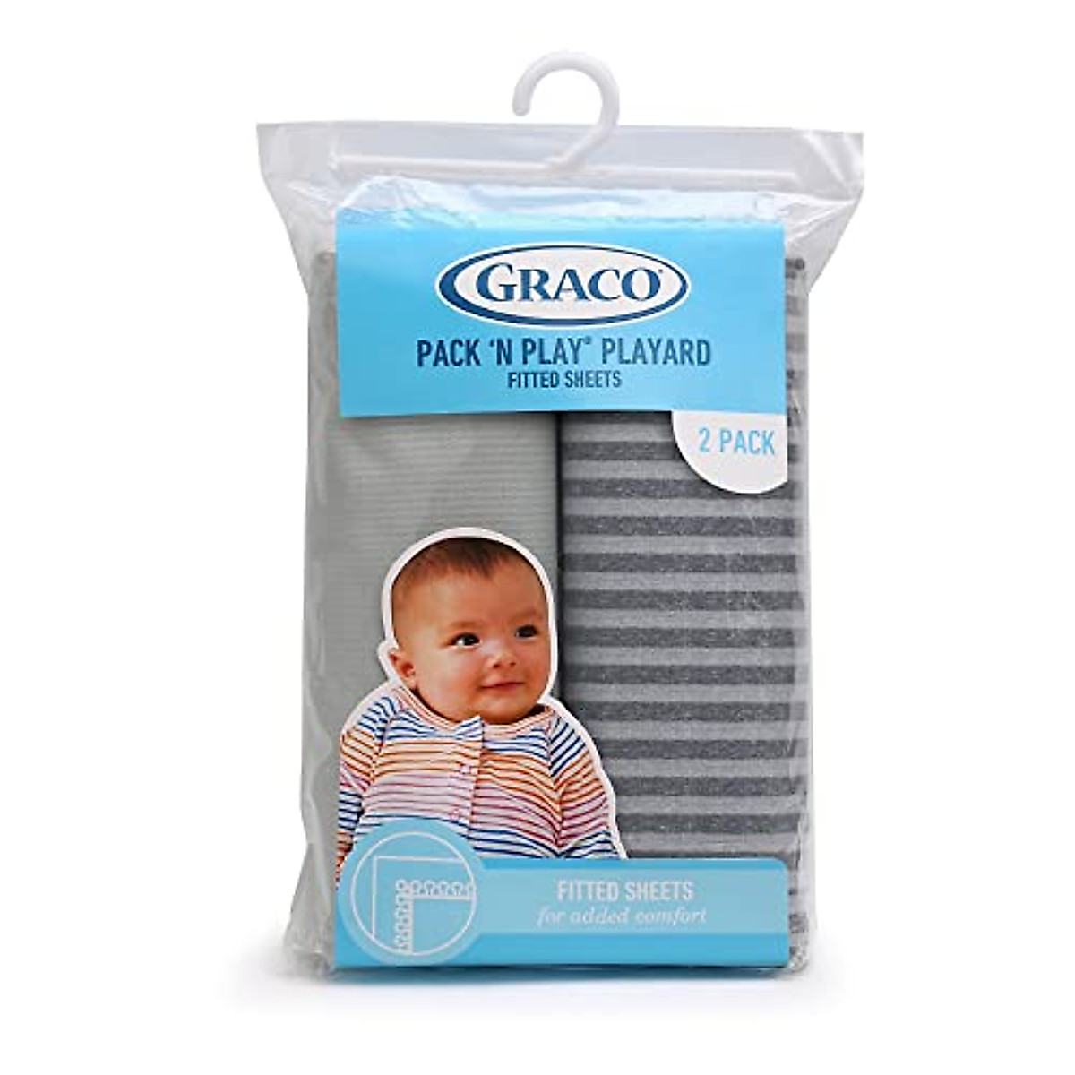 Graco® Pack ‘n Play® Playard Fitted Sheets, 2 Pack, Stripes and Grey