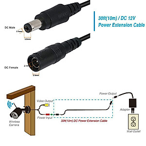 Hiseeu 30ft (10m) DC Power Extension Cable, 5.5mm x 2.1mm, 12V Extension Cord for Security Cameras, IP Camera, Standalone DVR, LED Display, Router, Invoice Printer