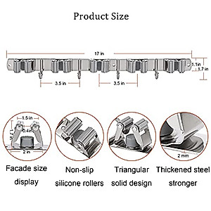 Mop and Broom Holder Wall Mount, Broom Hanger Wall Mount , 17" Mop Holder Stainless Steel with 5 Rack 4 Hooks for Home, Kitchen, Laundry Room, Garage, Garden, Bathroom, and 1 hook Separated included