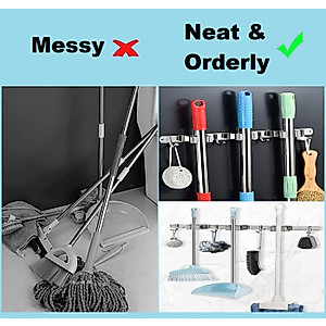 Mokife Mop Broom Holder Wall Mount Heavy Duty Adhesive Tools Organizer Rack Stainless Steel with 4 Positions 5 Hooks for Utility Room, Garage, Laundry, Garden, Kitchen, Bathroom, Toilet and Office