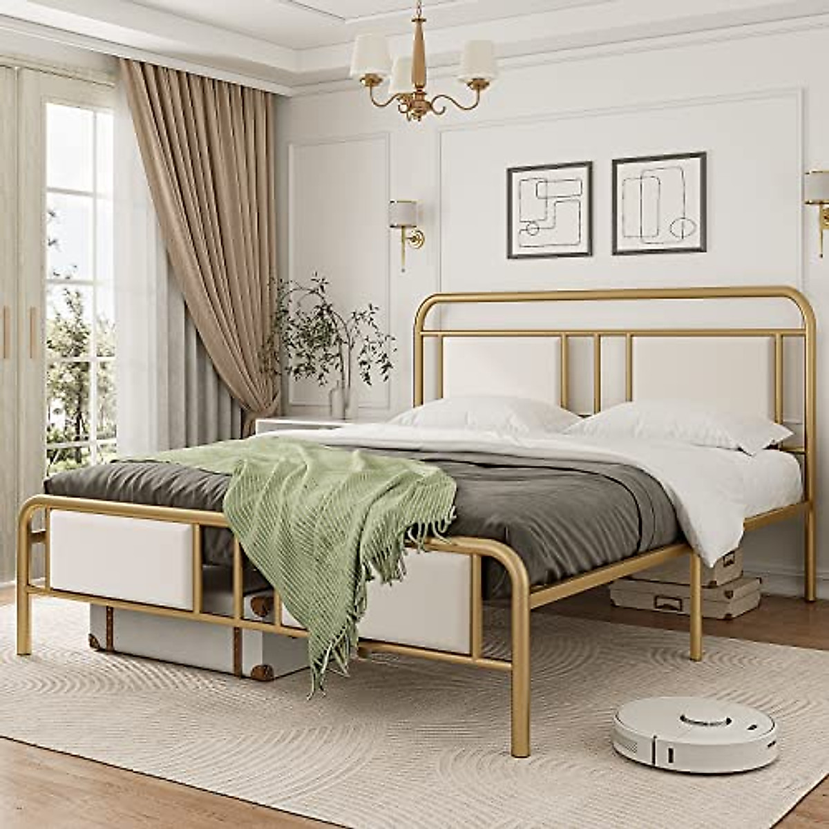 Hasuit Queen Size Bed Frame with Tufted Upholstered Oval Headboard, Heavy Duty Golden Metal Bed Frame Metal with Wooden Slats, Easy Assembly, No Box Spring Needed
