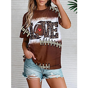 Women Football Shirt Game Day Shirt Love Football Print Tee Football Season T-Shirt Vintage Bleached Short Sleeve Top Bronze