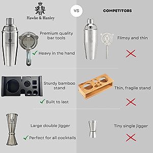 Hawke & Hanley Mixology Bartender Kit: Cocktail Shaker Bar Set with a Martini Shaker, Bar Tools and Black Bamboo Stand | Bartending Kit with Recipe Book | Unique Housewarming Gift (Silver)