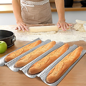 KIAADSY French Baguette Bread Pan,Non-Stick French Bread Mold, Perforated 4 Slot French Baguette Pan for Home and Professional Bakers, 15 “x12.8” (Silver)