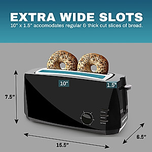 Elite Gourmet ECT4829B# Long Slot 4 Slice Toaster, Reheat 6 Toast Settings, Defrost, Cancel Functions, Built-in Warming Rack, Extra Wide Slots for Bagels Waffles, Black