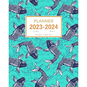 Planner 2023-2024: 8x10 Weekly and Monthly Organizer Large from June 2023 to May 2024 | Japanese Style Carp Fish Design Turquoise