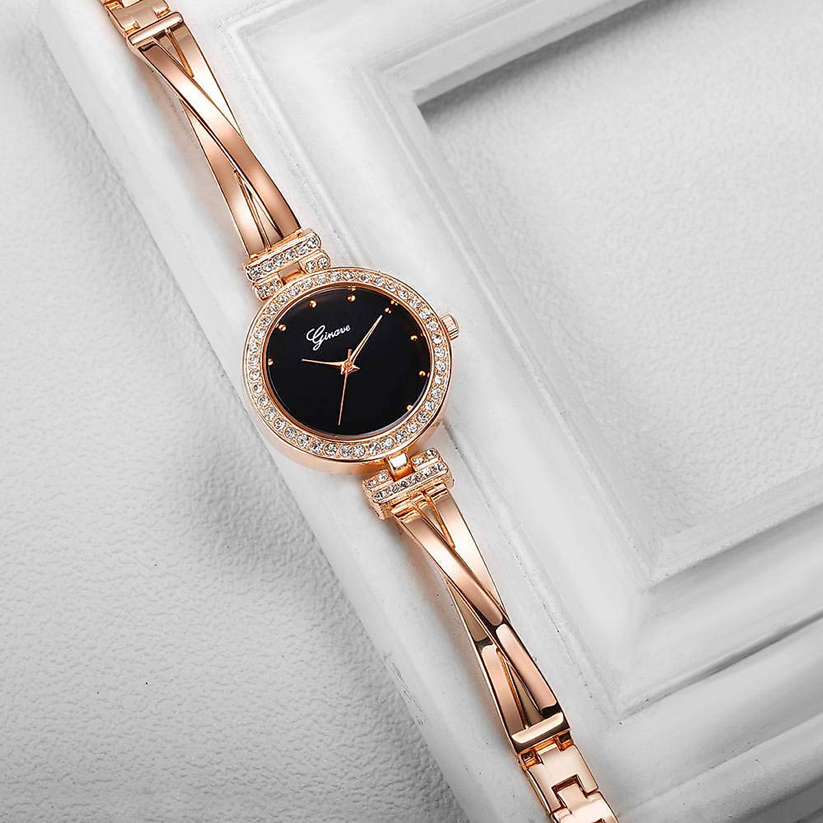 Clastyle Elegante Rose Gold Watch for Women Glitter Crystal Bracelet Watch Black Dial Stainless Steel Ladies Wrist Watches Gift for Her