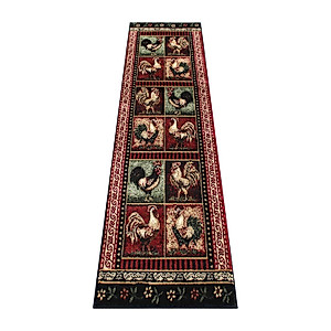 Flash Furniture Gallus Collection Rooster Themed Olefin Area Rug - Black Background - 2' x 7' - Jute Backing - Kitchen, Living Room, Bedroom