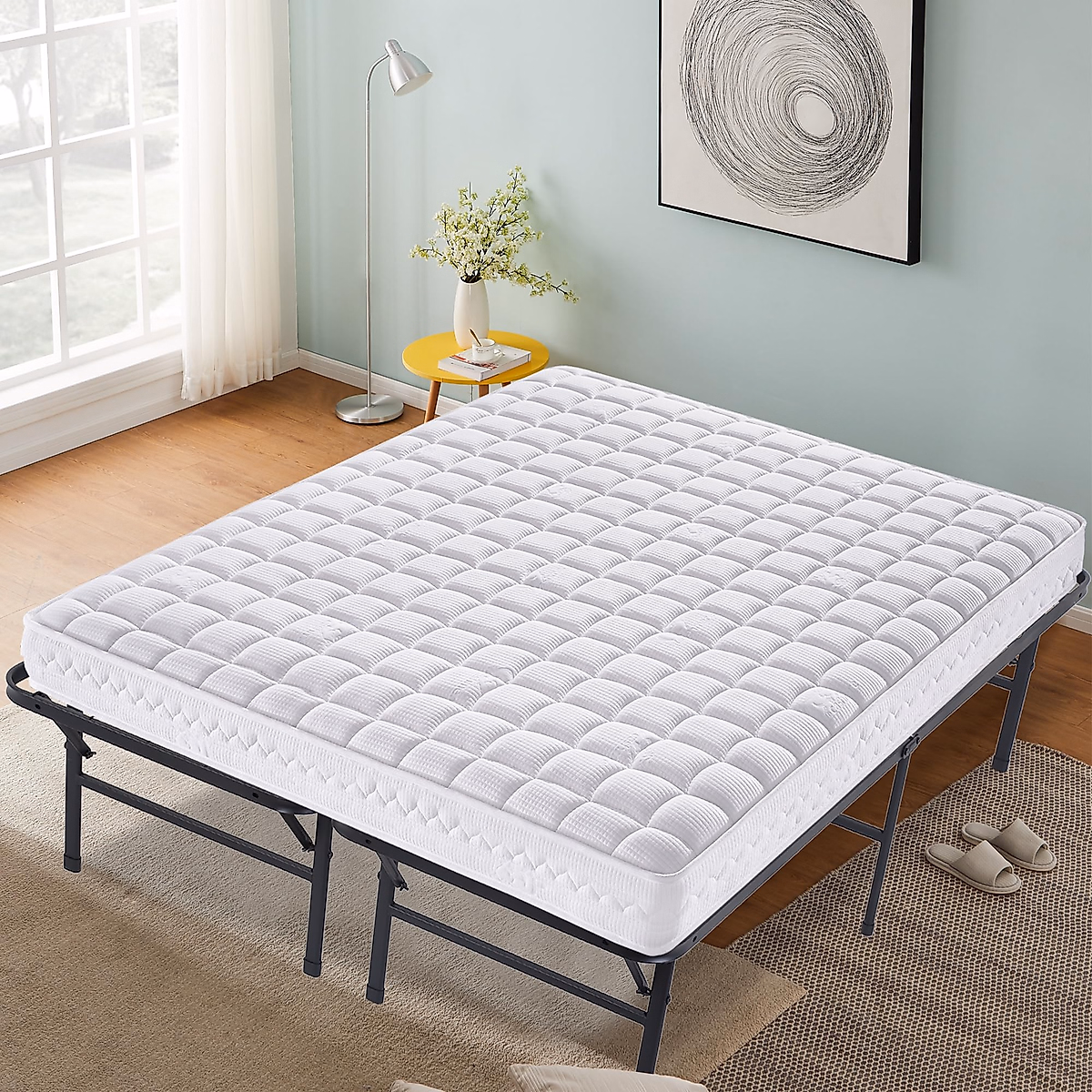 PayLessHere 14 Inch Metal Bed Frame Folding Bed Frame Heavy Duty Steel Slat Platform Bed Frame Mattress Foundation Box Spring Replacement Noise-Free Easy Assembly,Black Short Queen