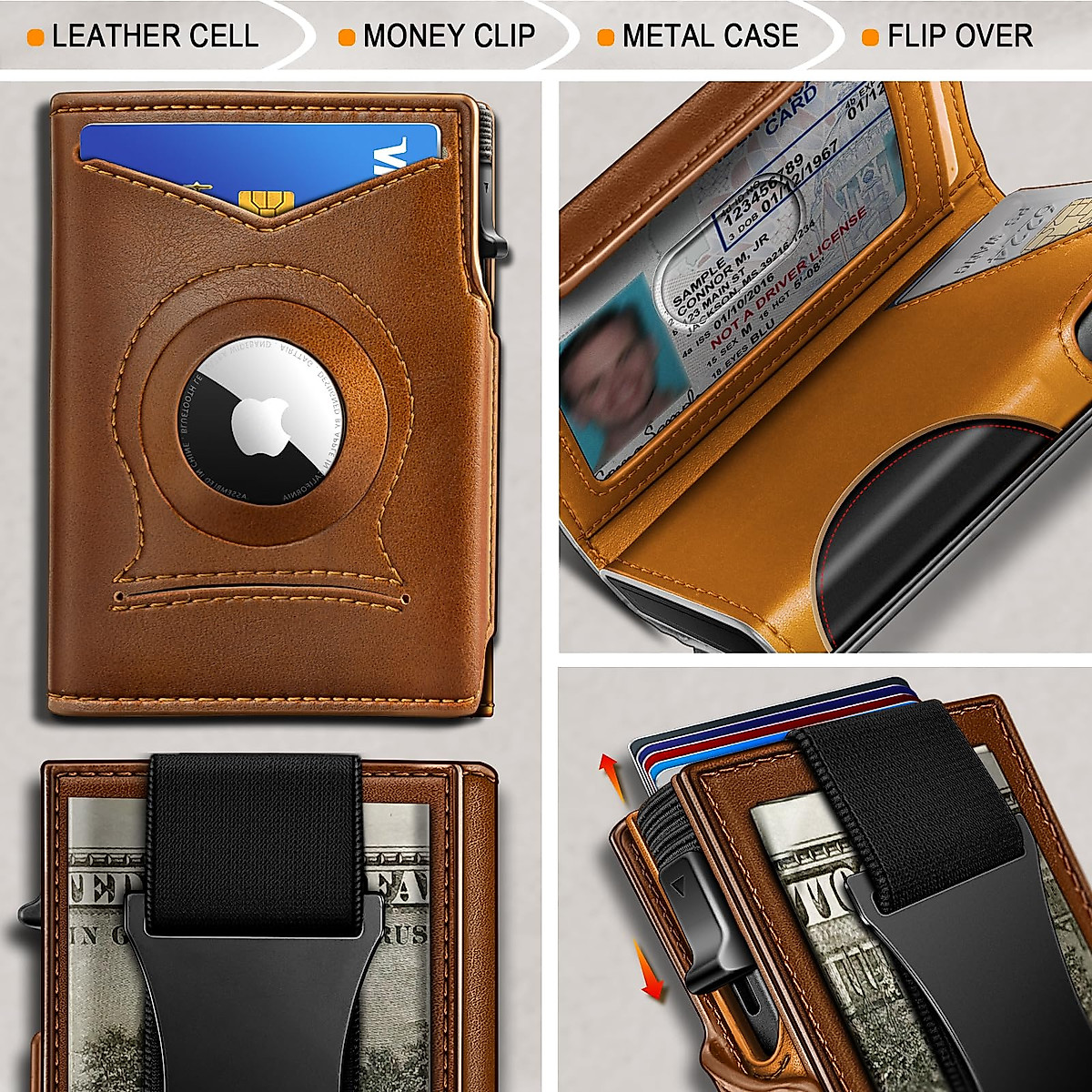 KEMISANT Airtag Wallet Men Gift,Mens Slim Front Pocket Wallet Money Clip Standard or Apple Airtag Use 3.8"×2.8"×0.9"