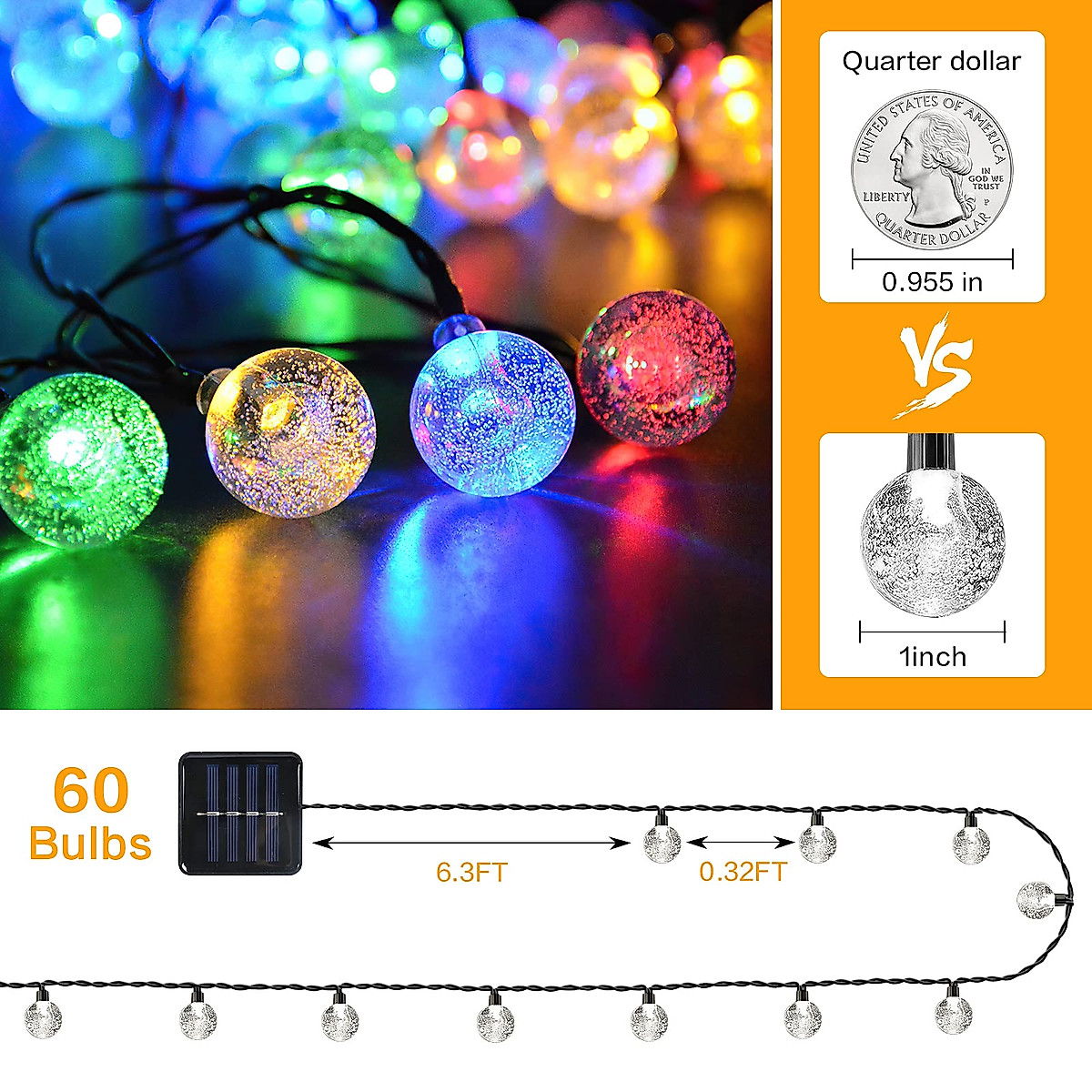 Techip Solar String Light 60LED Crystal Globe Solar Outdoor Lights with 8 Lighting Modes Waterproof Solar Globe Lights for Garden Tree Patio Party Christmas
