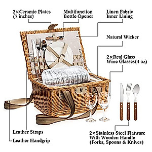 JOLLY HOME Picnic Basket Set For 2 Persons, Willow Picnic Basket With Insulated Cooler & Two Woven Canvas Handles, Handmade Natural Wicker Hamper For Outdoor Picnic Or Camping. Gift For Every Occasion