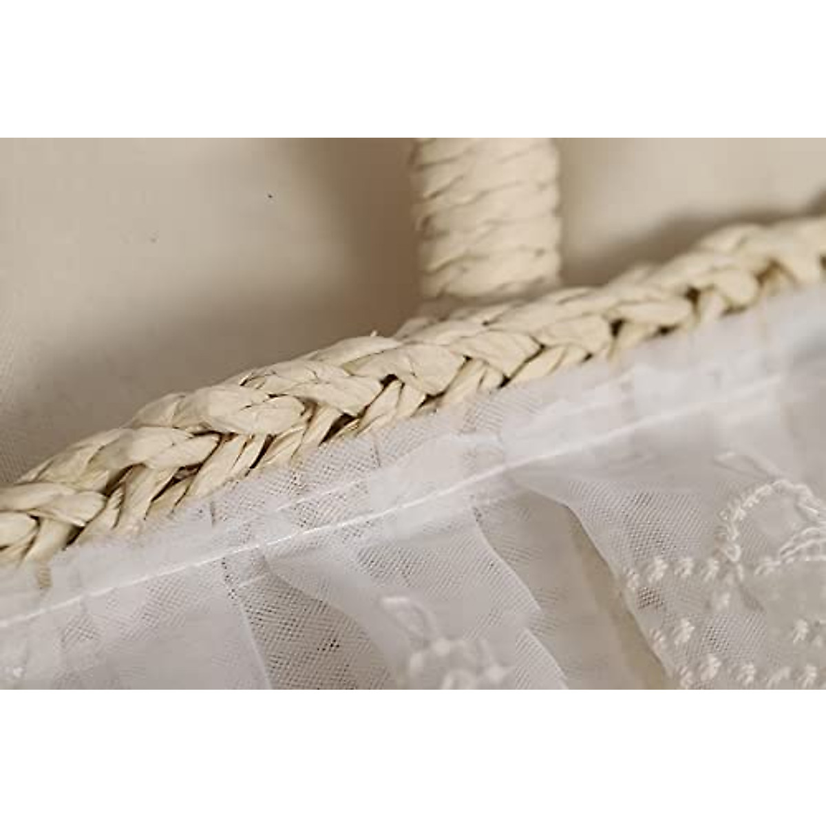 GK-O Mori Girls Handmade Straw Bag Handbag Basket Woven Bag Sweet Knit Lolita Lace Bag Summer Rattan bag (White)