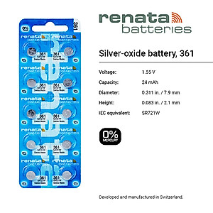Renata 361 SR721W Batteries - 1.55V Silver Oxide 361 Watch Battery (2 Count)