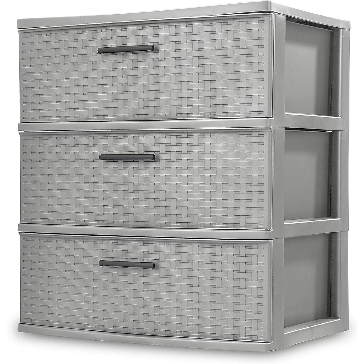 3 Drawer Wide Plastic Weave Tower with Pull Handles,Decorative Storage Drawers for Bedroom, Closet, Office, Cement, 1-Pack