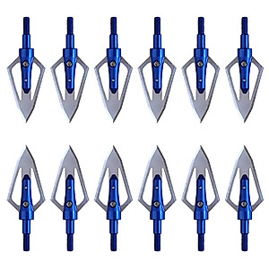 e5e10 Steel Flat Broadheads with 2 Blades 100 Grain Hunting Arrow Tips Screw Thread 0.9" Cut Archery Arrowheads + 1 pcs Black Broadhead Case Plastic Portable Case for Arrowheads (12pcs) (Blue)