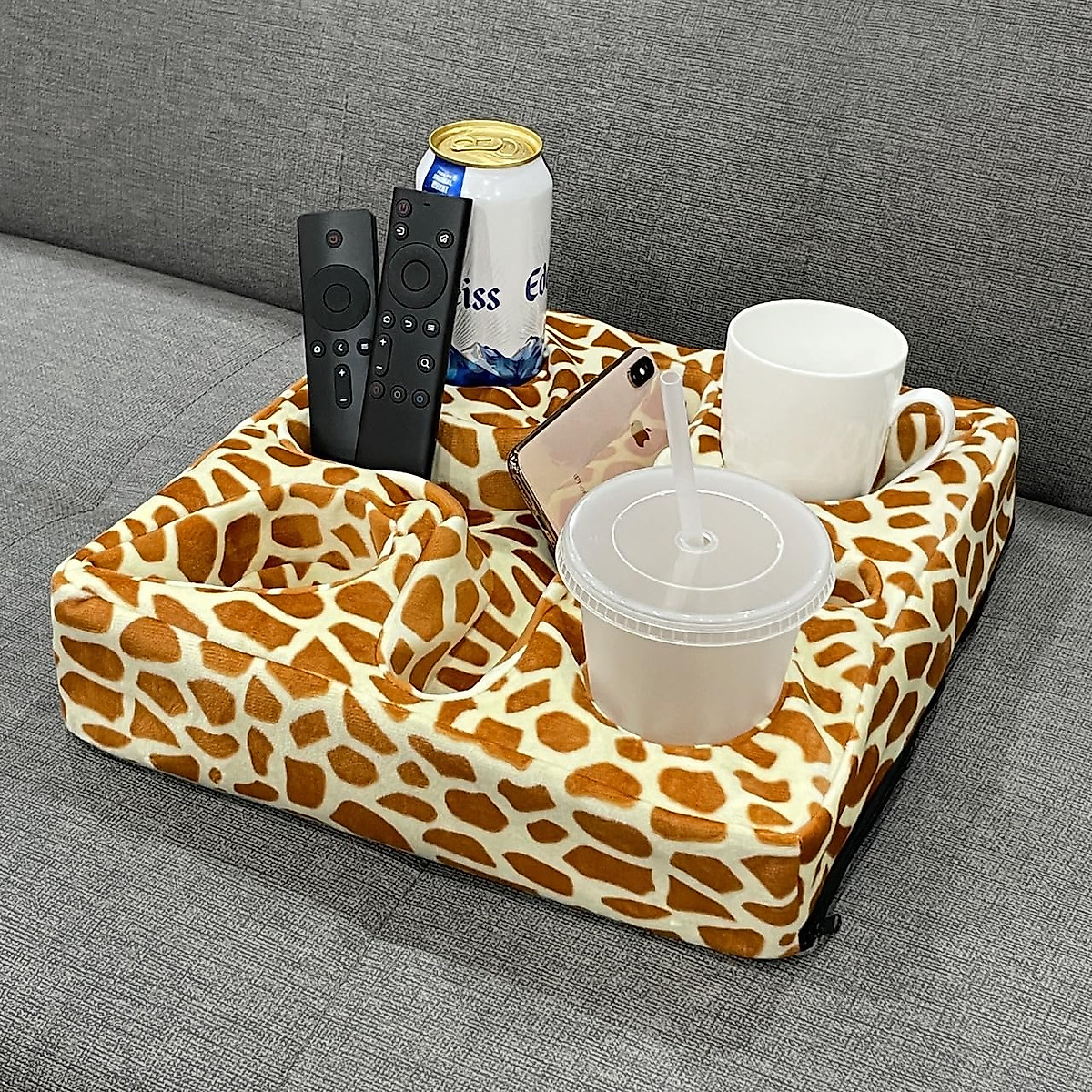Couch and Bed Cup Holder Pillow, Sofa Refreshment Tray for Drinks/Remote Control/Snacks Holder (Giraffe)