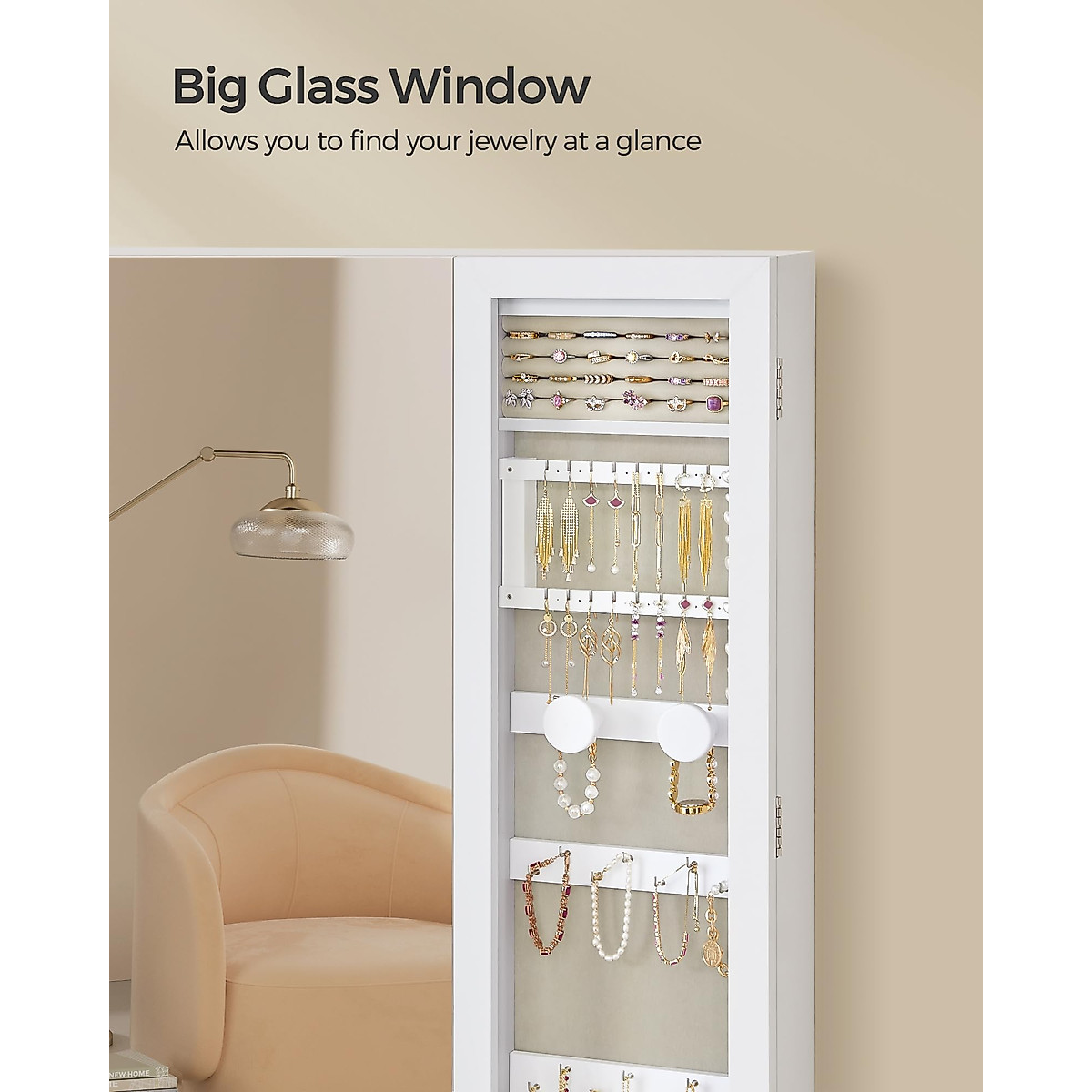 SONGMICS LED Jewelry Cabinet, Mirror with Jewelry Storage, Glass Window, Wall Door-Mounted, 3.9 x 23.6 x 31.5 Inches, Interior Mirror, 3-in-1, Bedroom, Dressing Room, Gift, White and Greige UJJC028W01