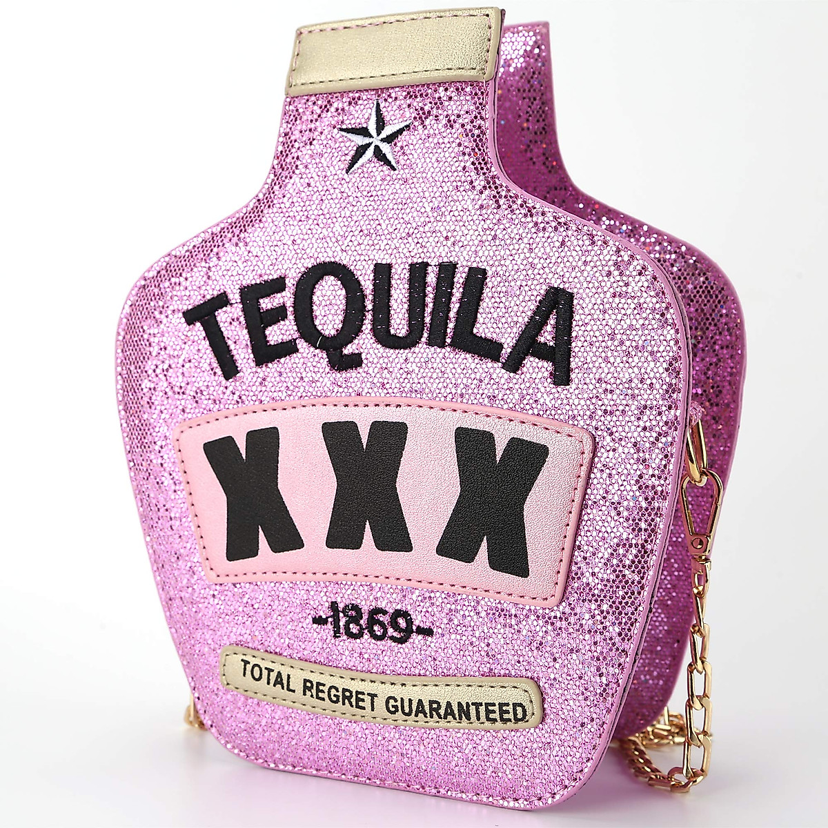 Ondeam Tequila Bottle Shaped Laser Shoulder Handbags,Pu Crossbody Purse for women(Pink B)