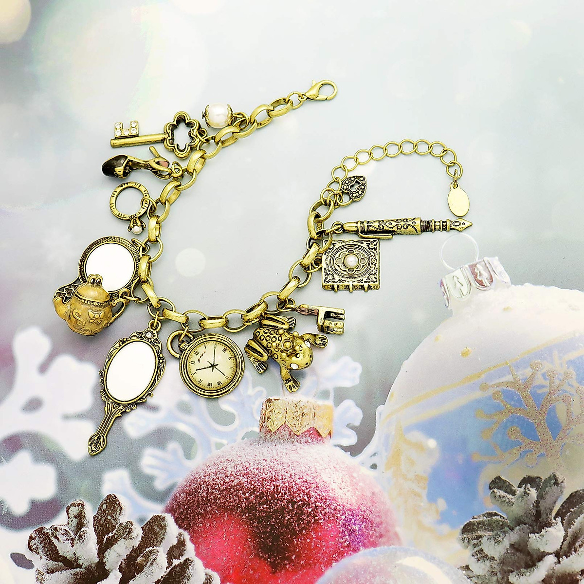 Vintage Gold Fairytale Lucky Charms Link Chain Cuff Bangle Bracelet Wonderland Style Frog Mirror Clock Heart Teapot Pendants Party Friendship Gift For Women and Girls