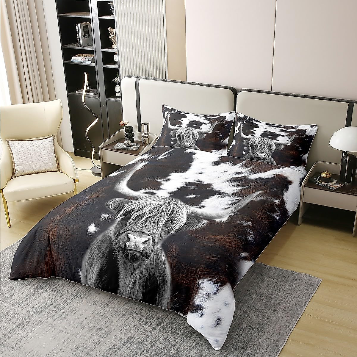 Cow Skin Duvet Cover 100% Nature Cotton King,Realistic Cowhide Print Western Highland Cattle Comforter Cover,Vinateg Country Decor All Season Super Soft Bedding Bedroom Decor