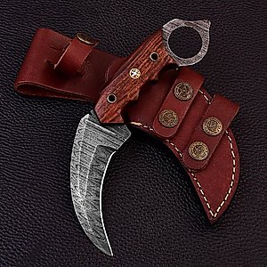 Handmade Hunting Damascus steel Hunting Knife with Genuine Leather Sheath | 7.5'’ EDC Knife for Men | Fixed Blade Outdoor Knife with Rose Wood Handle | Full Tang Razor Sharp Blade