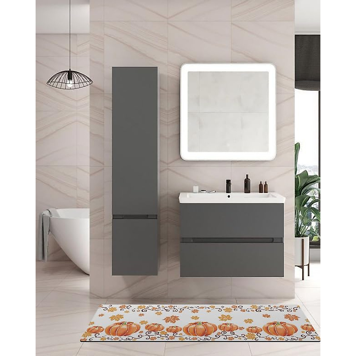 Orange Pumpkin Bath Mat for Tub,Non Slip Bathroom Floor Runner Rug Quick Dry & Absorbent Diatomaceous Earth Shower Sink Bedroom Kitchen Washable Doormat,Thanksgiving Fall Maple Leaves White 20"x47"