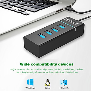 WAVLINK USB 3.0 Hub,4-Port USB3.0 Type A Adapter up to 5Gbps,Portable Data Hub for Windows, Laptop, MAC OS 10.6 to 10.13.3, UltraBook（No Driver Needed,Play and Plug）
