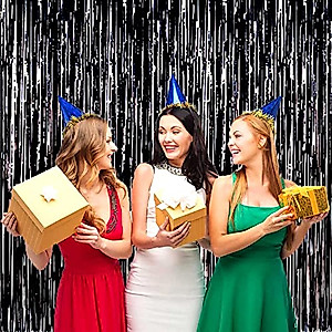 HalloweenDecorate 4 Pack Black Foil Fringe Curtain Backdrop, 3.28Ft x 8.2Ft Metallic Tinsel Streamer Curtains for Party, Photo Booth Props, Birthday, 2022 Graduation Decoration Party Supplies