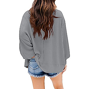SENSERISE Womens V Neck Waffle Knit Tops Long Sleeve Shirts Oversized Sweater Pullover(Light Grey,M)