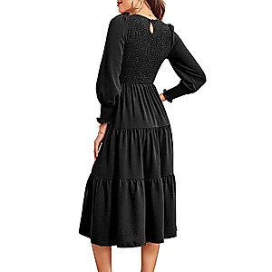 BBcoch Long Sleeve Midi Dress: Black Women's Casual Smocked Ruffle Boho Flowy Tiered Dresses