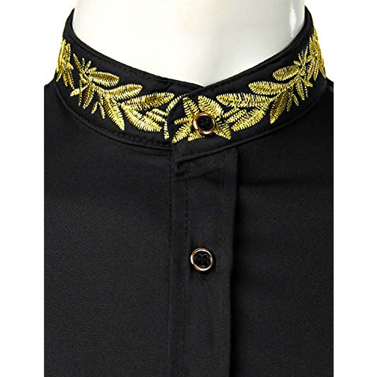 ZEROYAA Men's Luxury Gold Embroidery Design Slim Fit Long Sleeve Button Up Dress Shirts ZHCL44-Black Large
