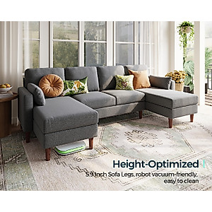 LINSY HOME Convertible Sectional Couch, Bouclé U-Shaped Sofa with Double Chaises and 2 Pillows, 4-Seat Modern Deep Oversized Couch for Living Room, Dark Grey