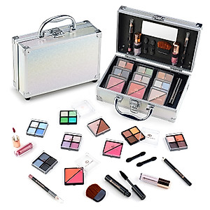 Color Nymph Beginner Makeup Kits For Teens With Train Case Included Full Makeup Kit Eyeshadow Palette Blushes Bronzer Highlighter Lipstick Brushes Mirror (Silver)