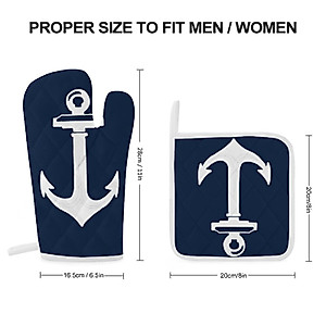 2Pcs Oven Mitts and Pot Holders Set, Navy Blue Red Nautical Oven Mitts Gloves Set Heat Resistant Hot Pads for Kitchen Cooking Grill