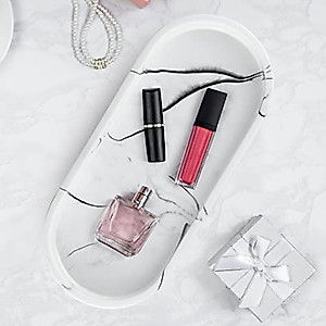 Sanbege Bathroom Vanity Tray Oval, Toilet Tank Top Tray Non Slip, Resin Storage Dish for Soaps, Candles, Cosmetics, Perfume, Jewelry Organizer (Marble White)