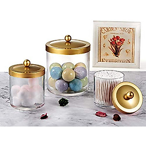 Premium Quality Apothecary Jars - Clear Plastic Storage Jars with Rust Proof Stainless Steel Lids - Bathroom Vanity Countertop Storage Organizer Canister Holder House Decor | Set of 3 (Gold)
