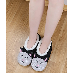 DICUIRD Womens Cozy&Warm Animal Slipper Socks with Grippers-House Socks(Black Cat, 8-10)