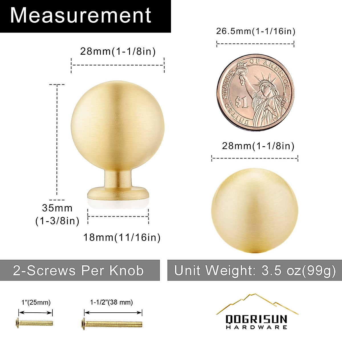 QOGRISUN 10-Pack Solid Brass Cabinet Knobs, Round Ball Gold Knobs for Dresser Drawer, 1.1-Inch Diameter, Sphere Cabinet Pulls, Brushed Brass Finish