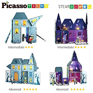 PicassoTiles Haunted House Theme Magnet Tile Building Blocks 8 Action Figures Magnetic Construction Toy Double Sided Printing Education STEM Learning Playset Halloween Adventure Kid Ages 3+ PTQ03