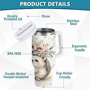 Maunzc 30 oz Tumbler with Handle and Straw, Insulated Stainless Steel Travel Mug with Lid for Coffee, Iced Tea, Water, Gift for Men Women (Watercolor Hedghog)