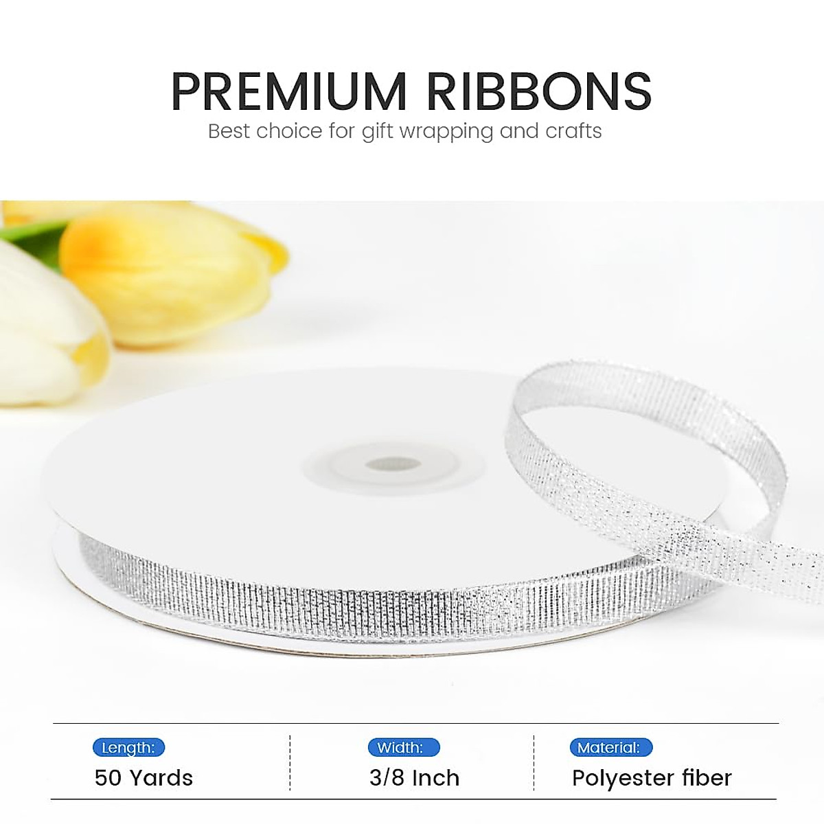 HimBen Glitter Metallic Silver Ribbon 3/8 inch 50 Yards, Sparkly Fabric Ribbon for Gift Wrapping, DIY Crafts, Party, Birthday, Wedding Sewing, Floral Bouquets and Home Decorations