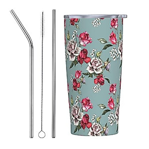 20oz Tumbler Splendid Roses Flower Double Wall Vacuum Insulated Coffee Mug with Lid and Metal Straw Brush Reusable Stainless Steel Water Bottle Travel Cup Gifts for Car Ice Drinks Hot Beverage
