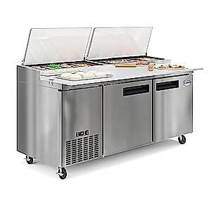 KoolMore 71 in. Commercial Pizza Prep Table with Built-In Refrigerator, Cutting Board, Food Protection Lid, Cold Storage, Rolling Caster Wheels in Stainless Steel, ETL Listed, (KM-RPPS-2DSS)
