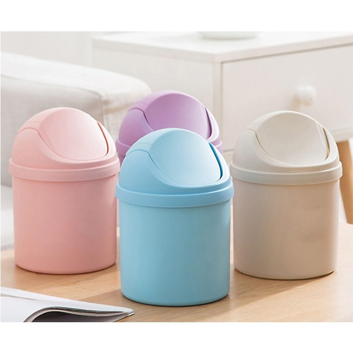 Trash Can Desktop Shake Lid Trash Can Household Small Trash Can Creative Living Room Covered Trash Can Desk Dressing Trash Can Suitable For Home Mall Office ( Color : Purple , Size : 5.1*7.9in )