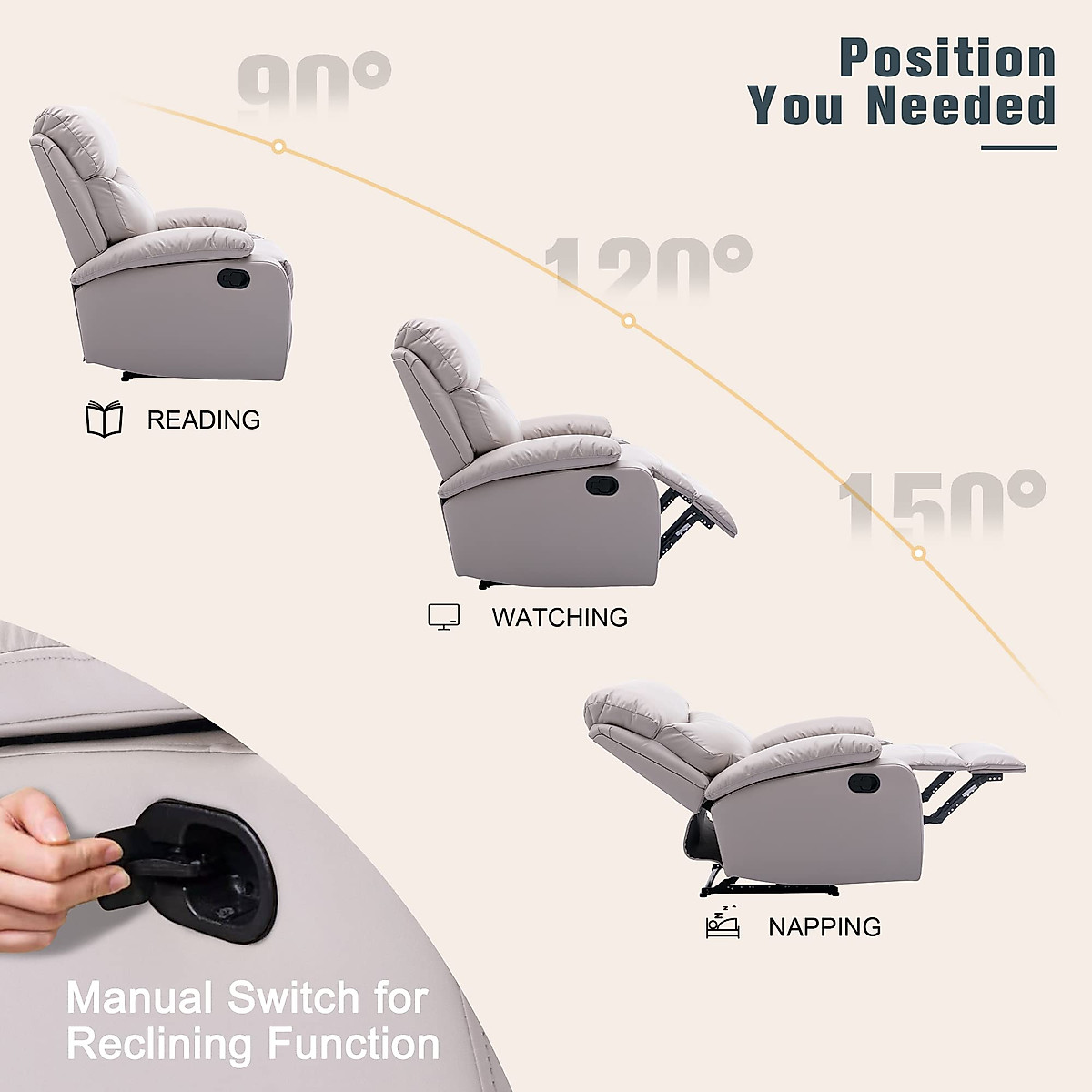 hzlagm Manual Recliner Chairs for Adults, Small Recliners for Small Spaces, PU Leather Recliner Chair, Single Sofa Living Room Chair for RV, Beige