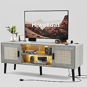 Hiwelldas TV Stand for 55 inch TV with Charging Station & 2 USB Ports Entertainment Center with Rattan Doors & Adjustable Shelf & LED Strip Boho Media Console for Living Room, Bedroom (Light Grey)