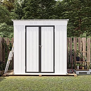 Rophefx 6' x 4' Outdoor Metal Storage Shed with Floor Frame, Outside Waterproof Tool Shed, Steel Garden Shed with Double Lockable Door for Backyard, Patio, Lawn, White & Grey