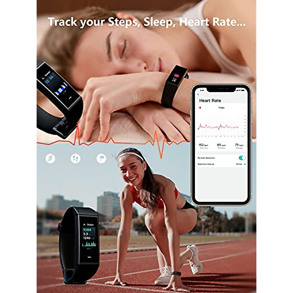 WYZE Band Fitness Tracker with Alexa Built-in, Activity Tracker Watch with Heart Rate Monitor, Smart Fitness Band with Step Counter, Calorie Counter, Pedometer Water Resistant, Black