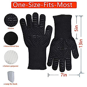 BBQ Grill Gloves, 932°F Extreme Heat Resistant Oven Mitts, Silicone Non-Slip Kitchen Cooking Gloves for Barbecue, Cooking, Baking, Grilling, BBQ, 1 Pair